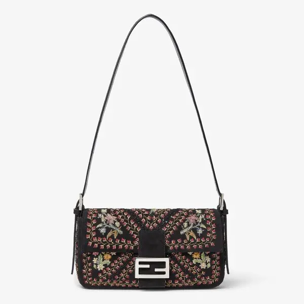 Fendi Baguette® 26424 Black Suede Bag With Embroidery